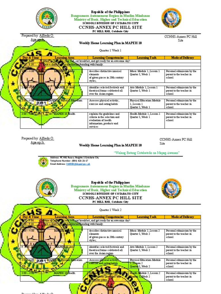 Weekly Home Learning Plan MAPEH 10 | PDF | Physical Education | Human ...