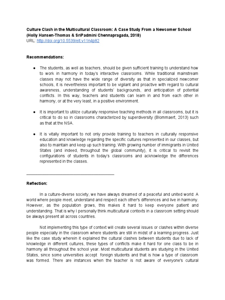 Culture Clash Case Study of Newcomer School Classroom | PDF ...