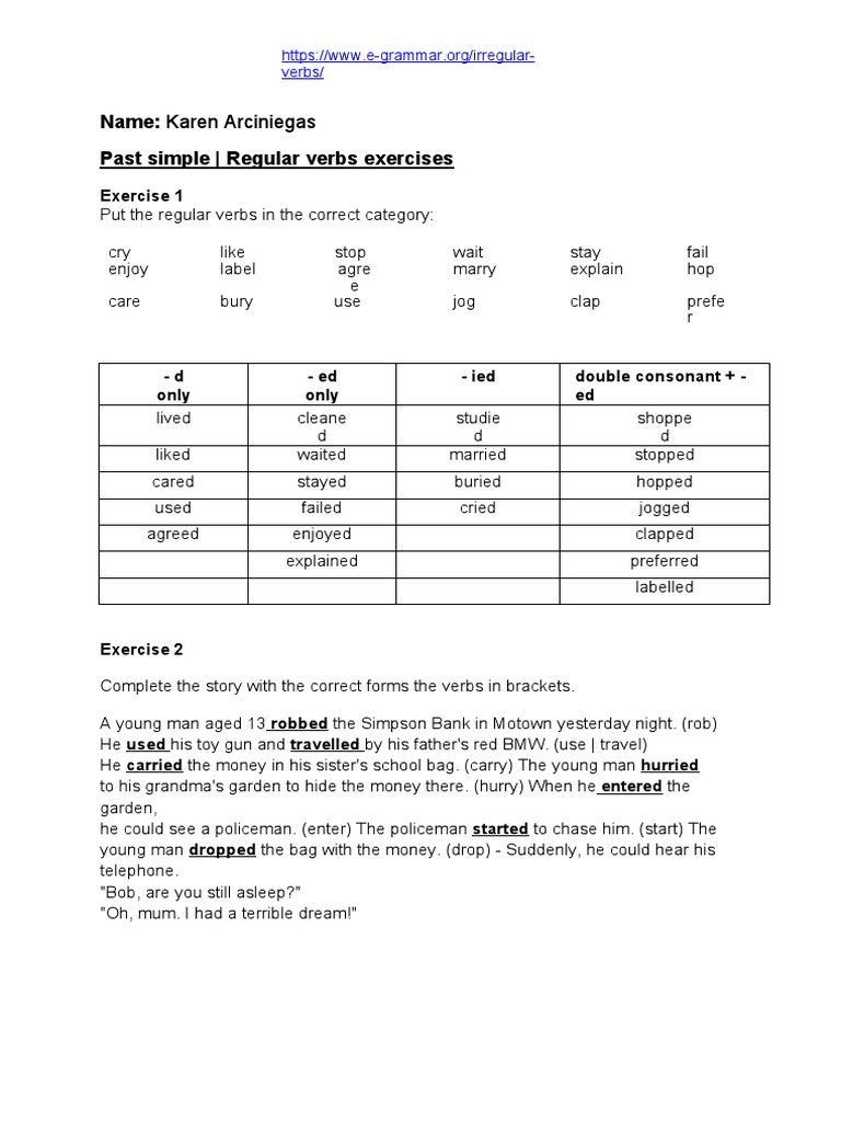 Past Simple-Regular Verbs Exercises | PDF