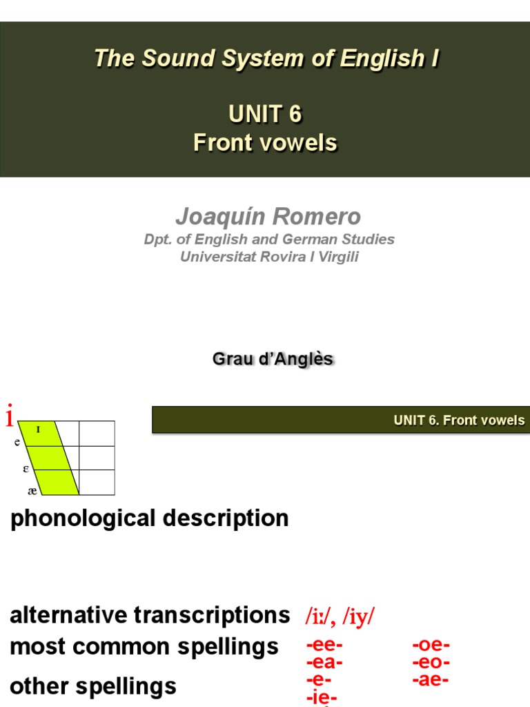 The Sound System of English I: Unit 6 Front Vowels | PDF | Vowel | Phoneme