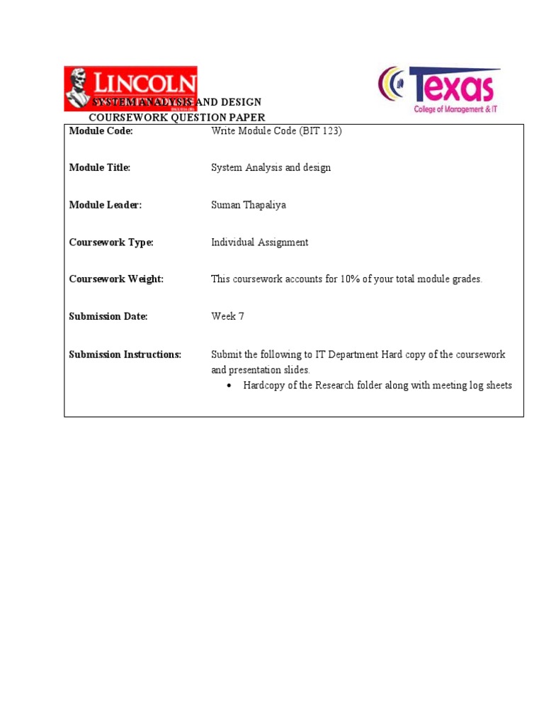 System Analysis and Design Coursework Question Paper Module Code | PDF ...