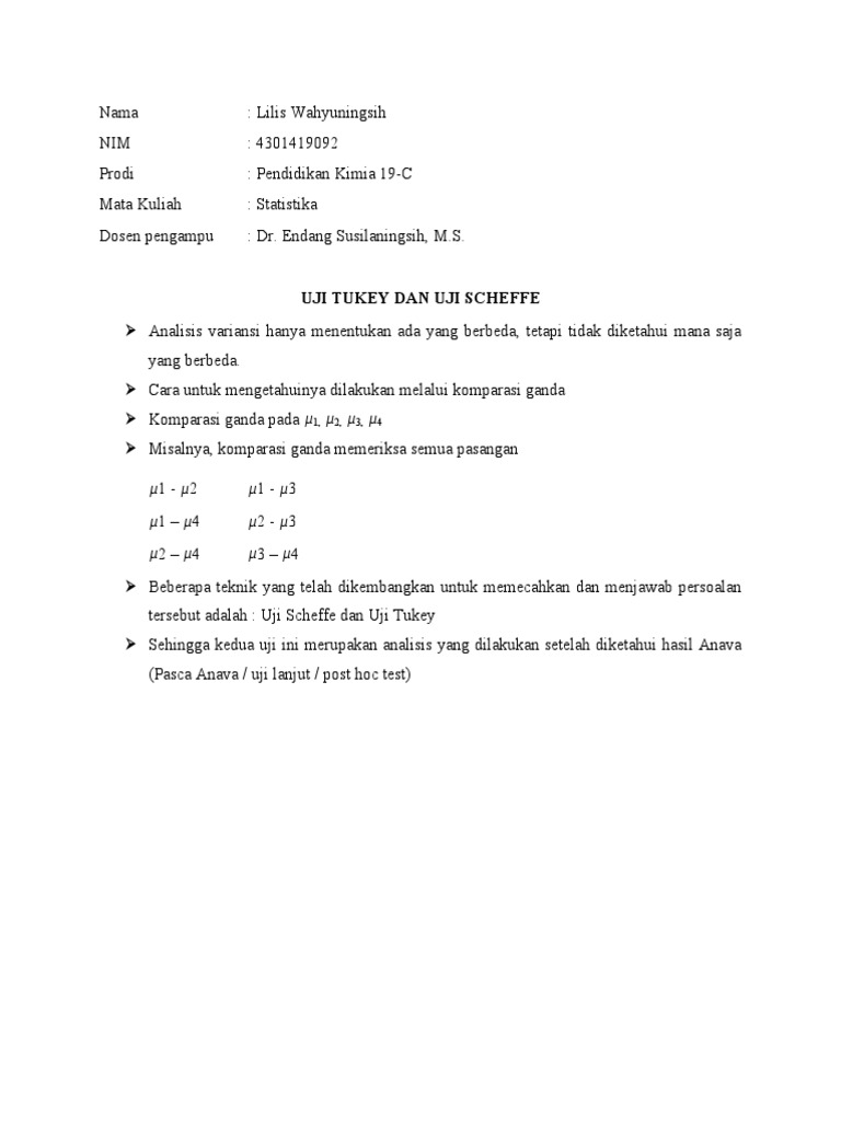 Lilis Wahyuningsih - 4301419092 - PK3 - Uji Scheffe Dan Uji Tukey | PDF