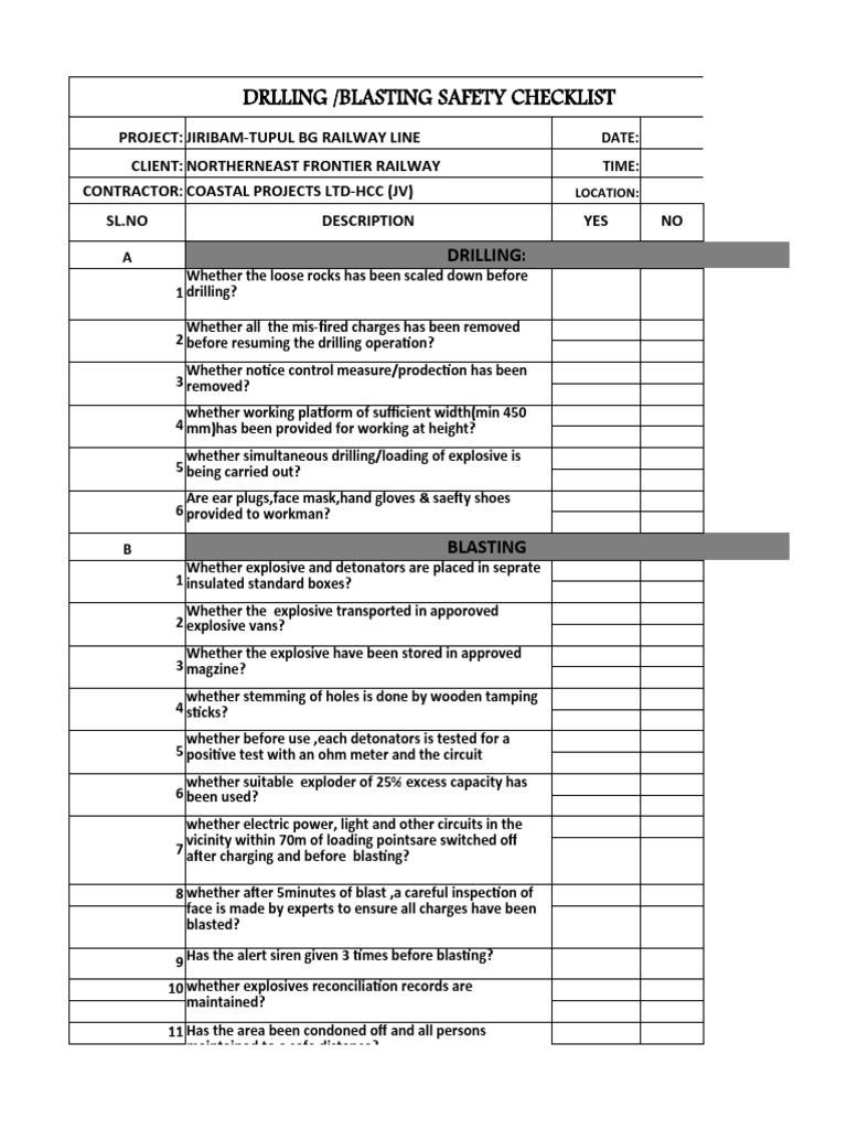 Drlling /blasting Safety Checklist: Drilling | PDF | Nature