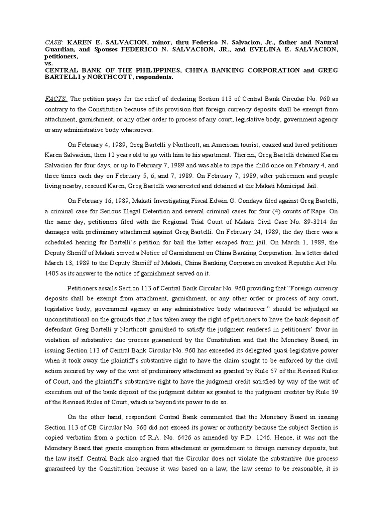 Karen Salvacion vs. Central Bank of The Philippines | PDF | Garnishment ...