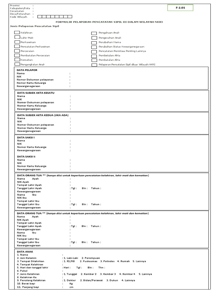 Formulir Pelaporan Pencatatan Sipil Di Dalam Wilayah Nkri Jenis Pelaporan Pencatatan Sipil | PDF