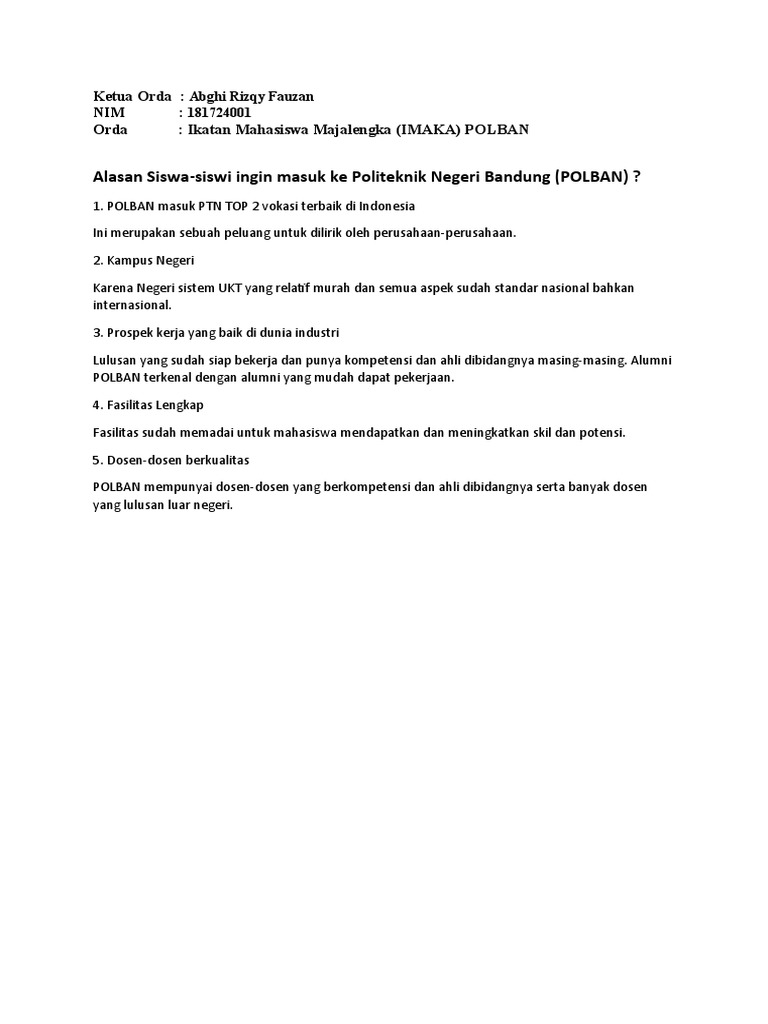 Alasan Masuk Polban | PDF