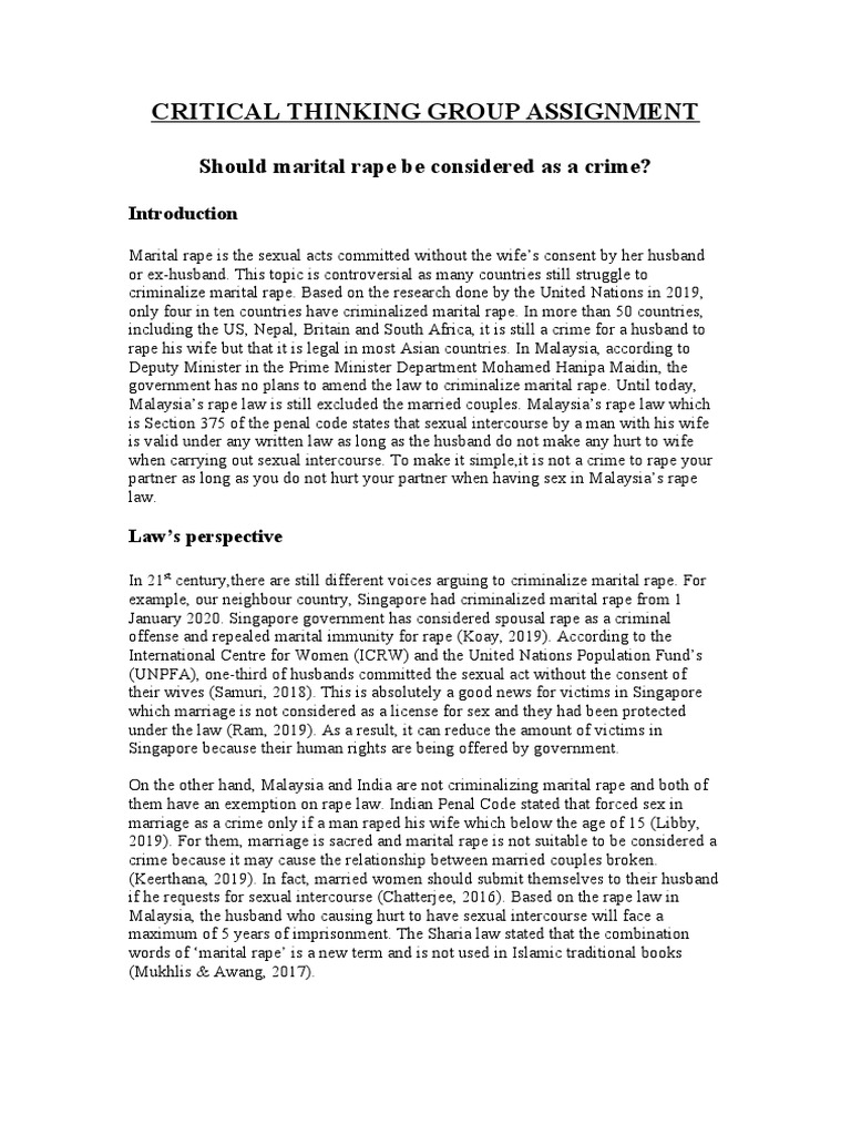 Critical Thinking Group Assignment | PDF | Rape | Marriage