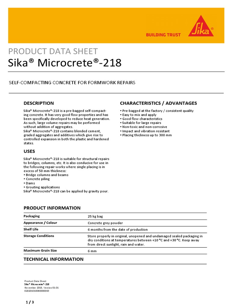Sika® Microcrete®-218: Product Data Sheet | PDF | Concrete | Building ...
