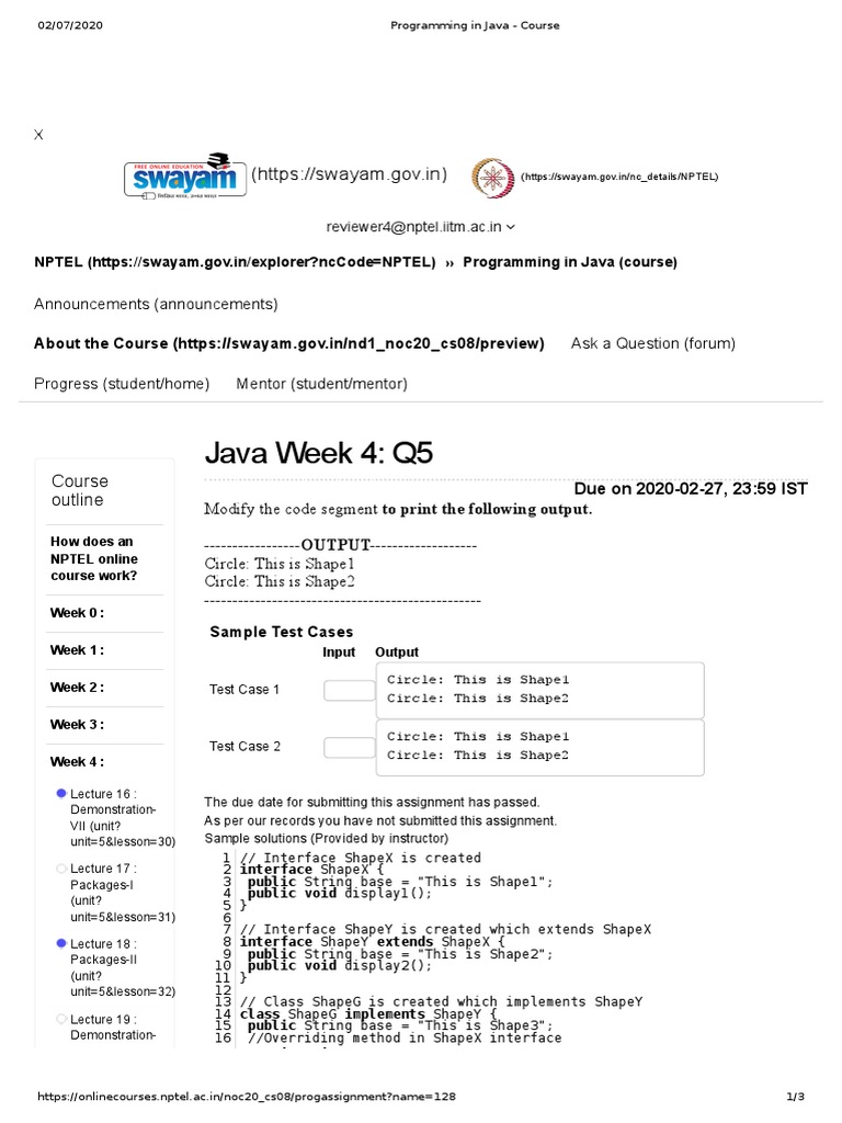 Java Week 4: Q5: (Https://swayam - Gov.in) | PDF | Java (Programming ...