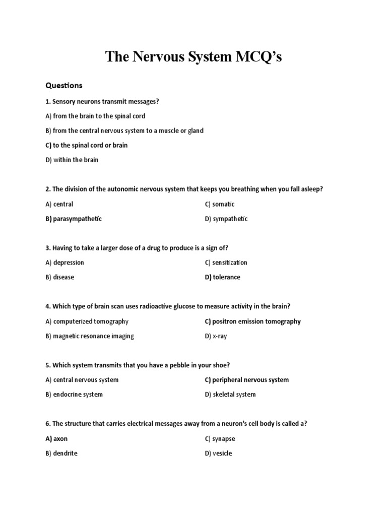 The Nervous System MCQ's | PDF | Nervous System | Neuron