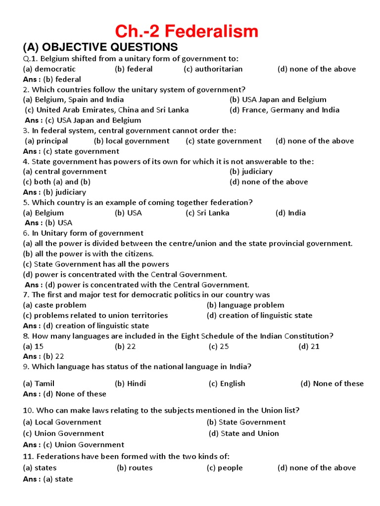 Ch.-2 Federalism: (A) Objective Questions | PDF | Federalism | Federation