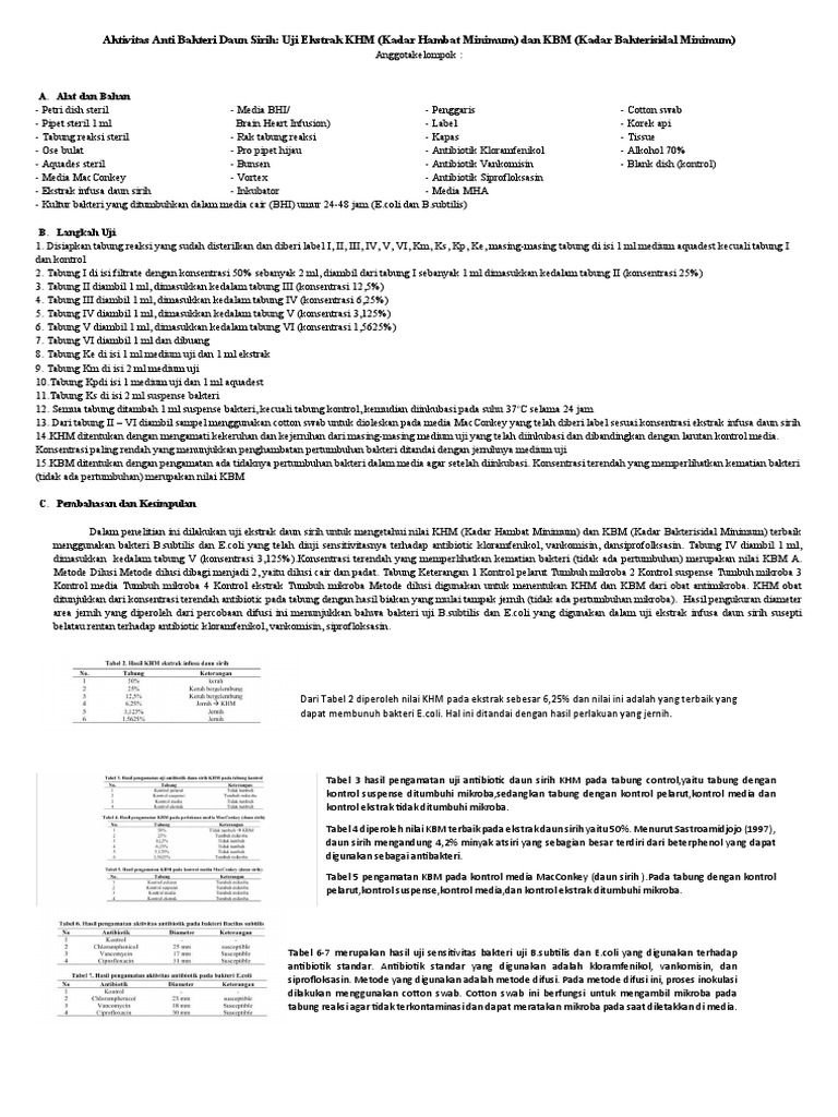 Aktivitas Anti Bakteri Daun Sirih: Uji Ekstrak KHM (Kadar Hambat Minimum) Dan KBM (Kadar ...