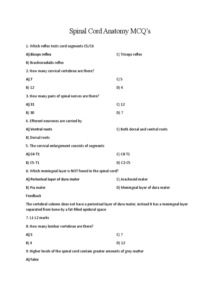 Spinal Cord Anatomy MCQ'S: A) Biceps Reflex | PDF | Spinal Cord | Vertebral Column