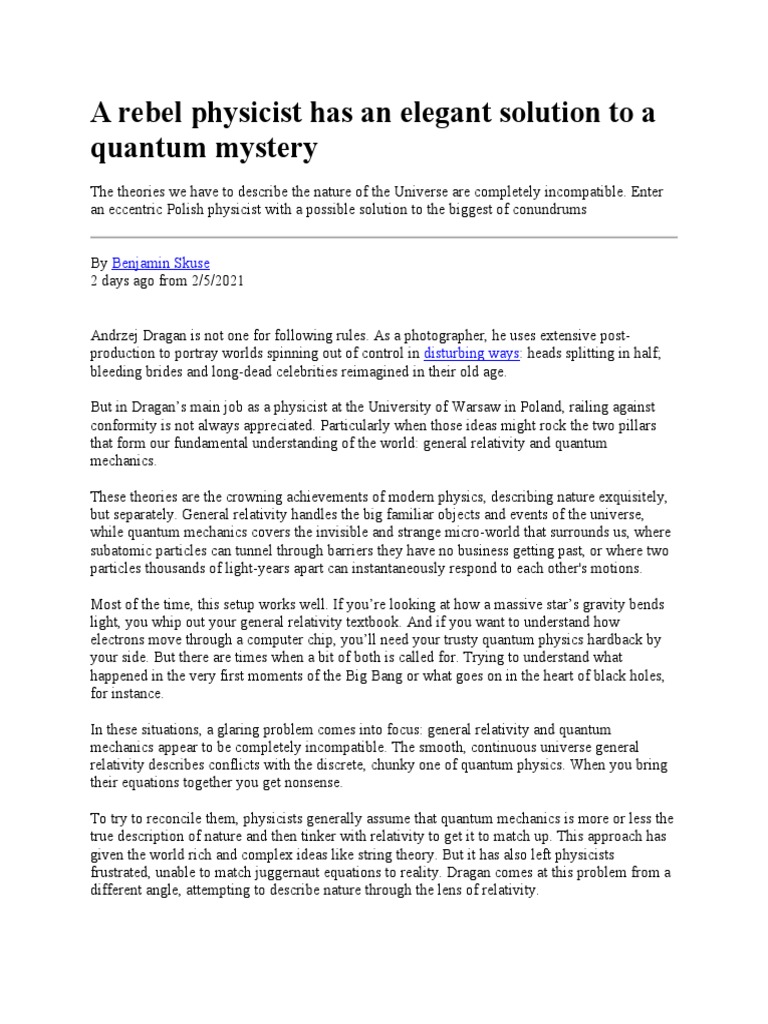 A Rebel Physicist Has An Elegant Solution To A Quantum Mystery | PDF ...