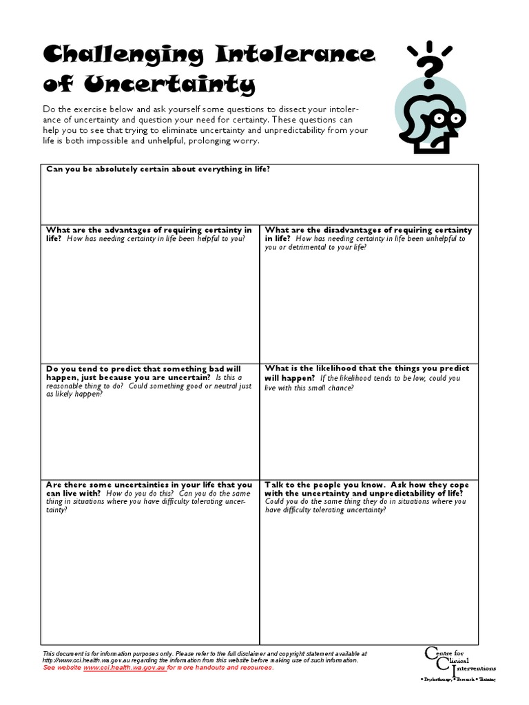 Generalised Anxiety Worksheet - 04 - Challening Intolerance of Uncertainty | PDF | Clinical ...