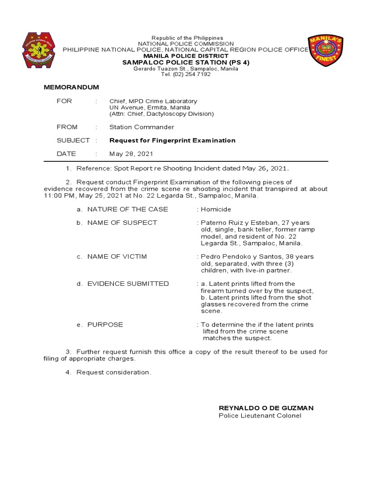 Fingerprint Examination Request PS-4 | PDF | Fingerprint | Crime Scene