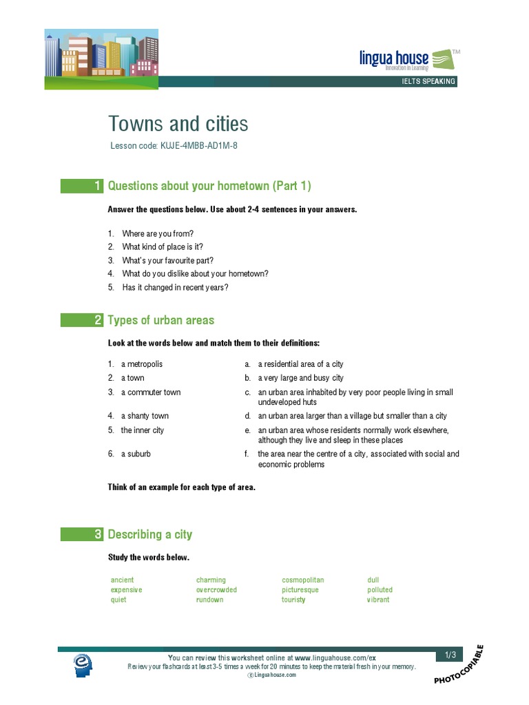 Towns and Cities (IELTS Speaking Part 1-3) | PDF | Human Nature | Cognition