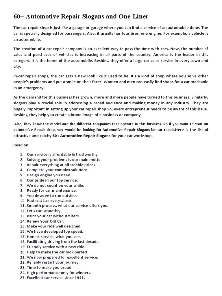 60+ Automotive Repair Slogans and One-Liner | PDF | Car | Automotive ...