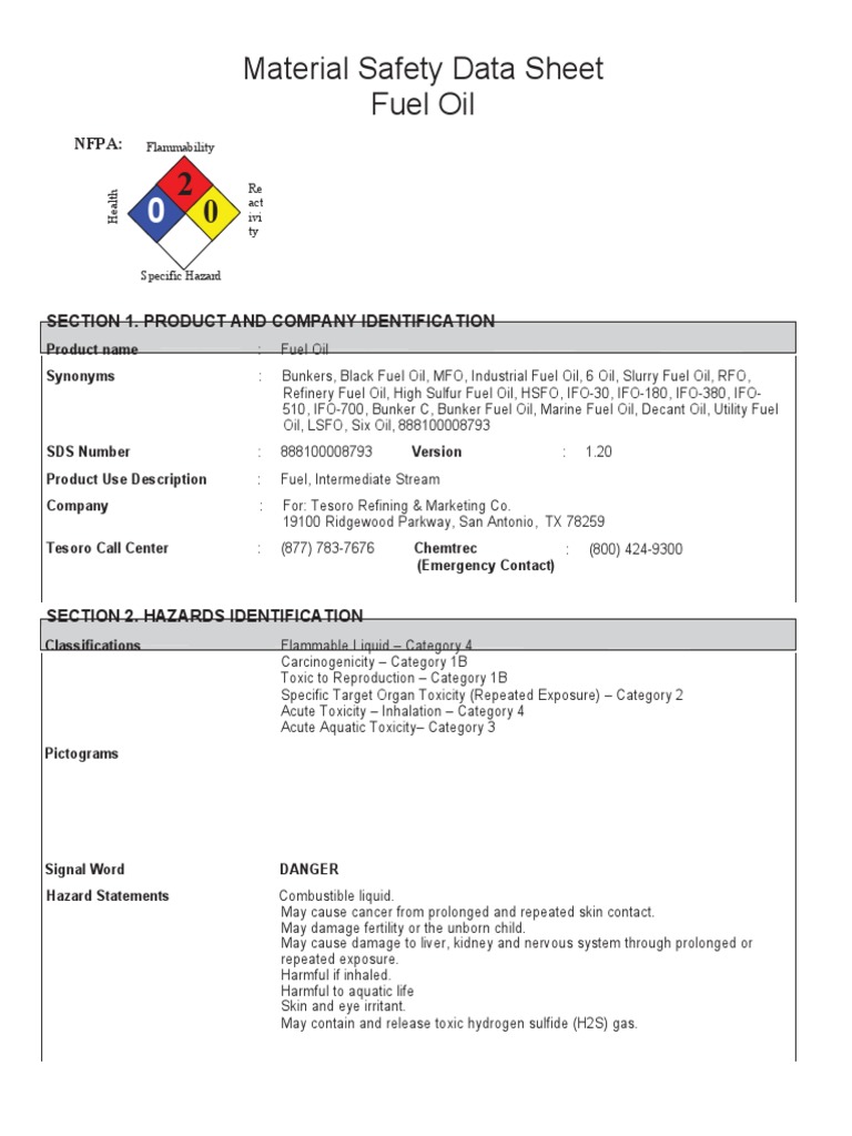 Material Safety Data Sheet Fuel Oil: Nfpa | PDF | Combustion | Firefighting