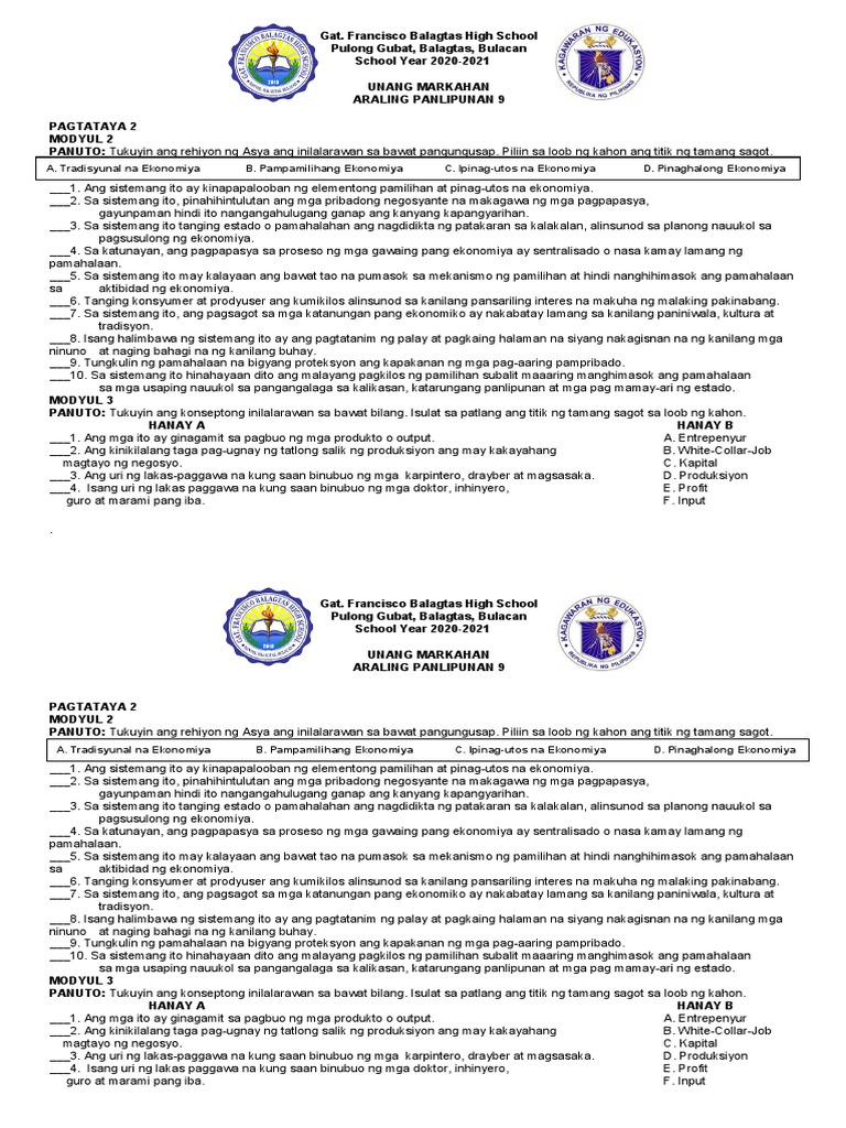 A. Tradisyunal Na Ekonomiya B. Pampamilihang Ekonomiya C. Ipinag-Utos ...