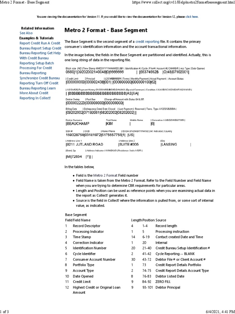 Metro 2 Format - Base Segment | PDF | Credit History | Social Security ...