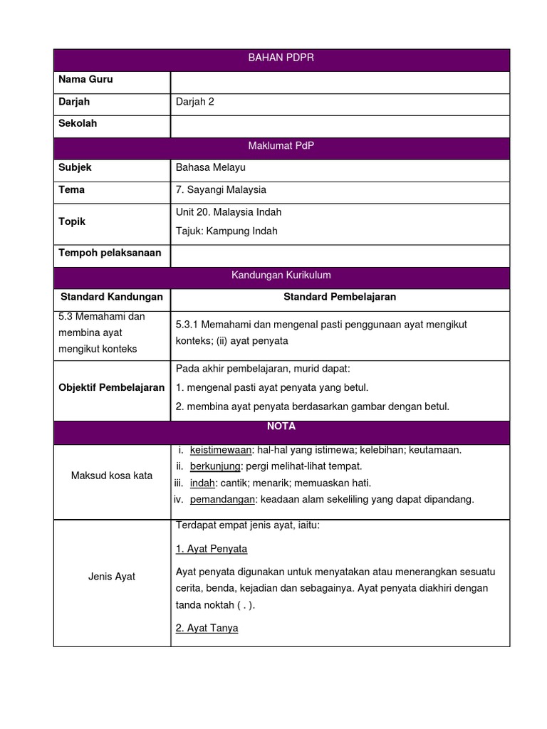 RPH PDPR BM Tahun 2 | PDF