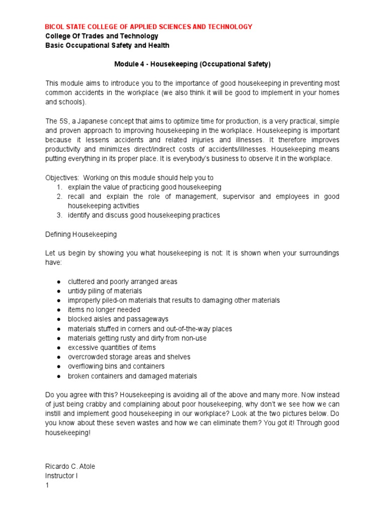 Module 4 - Housekeeping (Occupational Safety) | PDF | Vacuum Cleaner ...