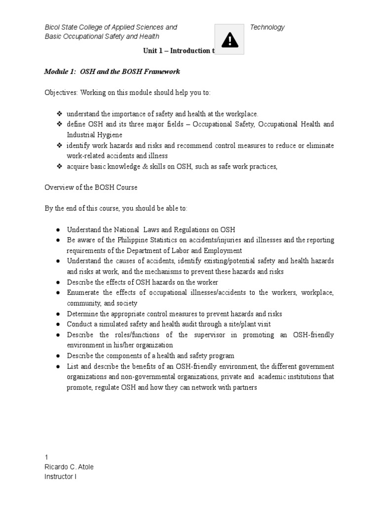 Module 1 - OSH and The BOSH Framework | PDF | Occupational Safety And ...