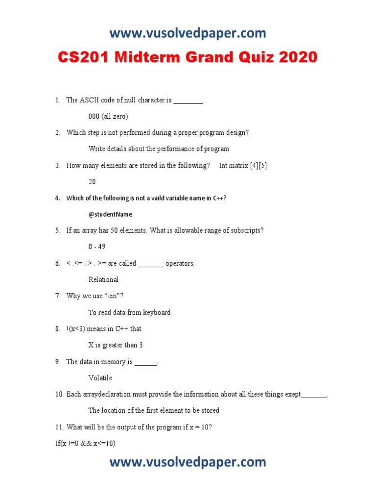 Cs201 Grand Quiz | PDF | Pointer (Computer Programming) | Computer Programming
