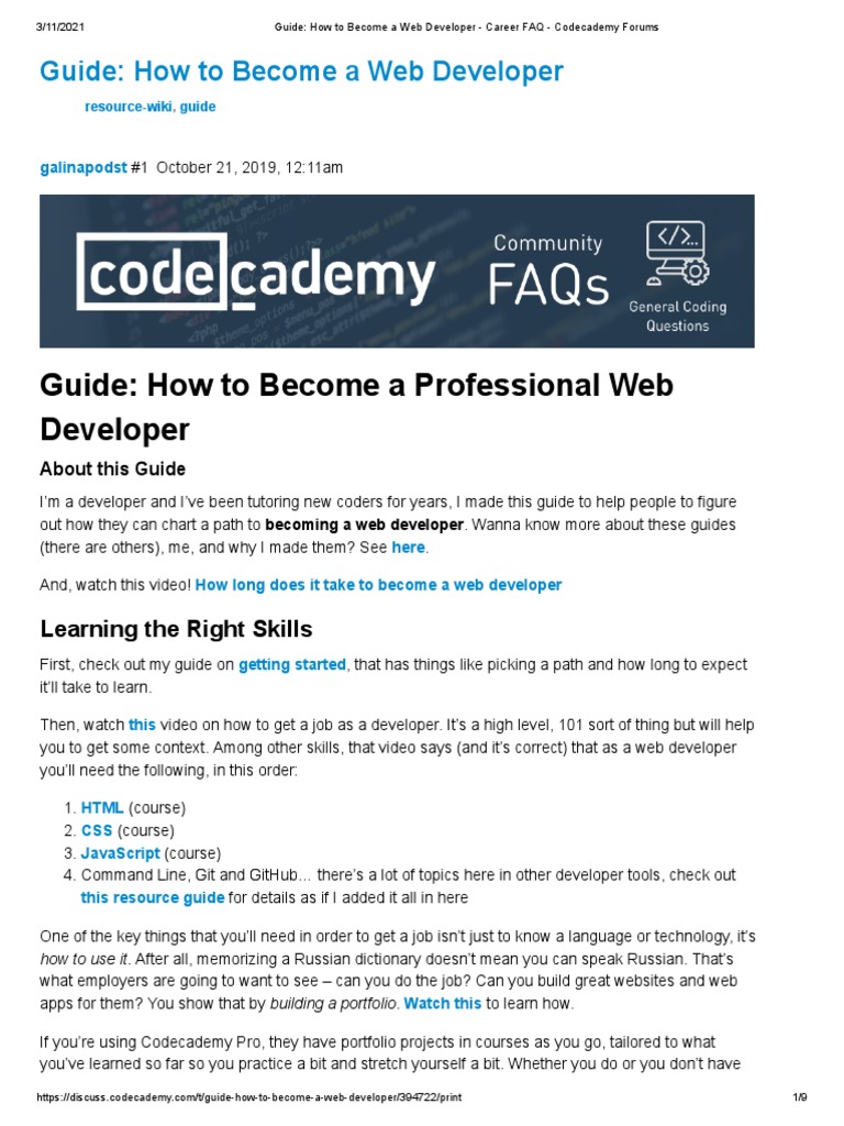 Guide - How To Become A Web Developer - Career FAQ - Codecademy Forums | PDF | J Query | Ruby On ...