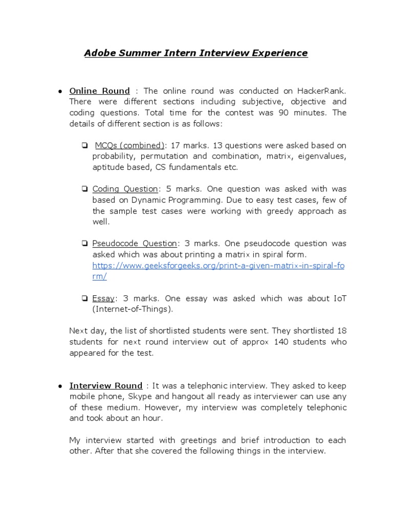 Adobe Summer Intern Interview Experience | PDF | Computer Data ...