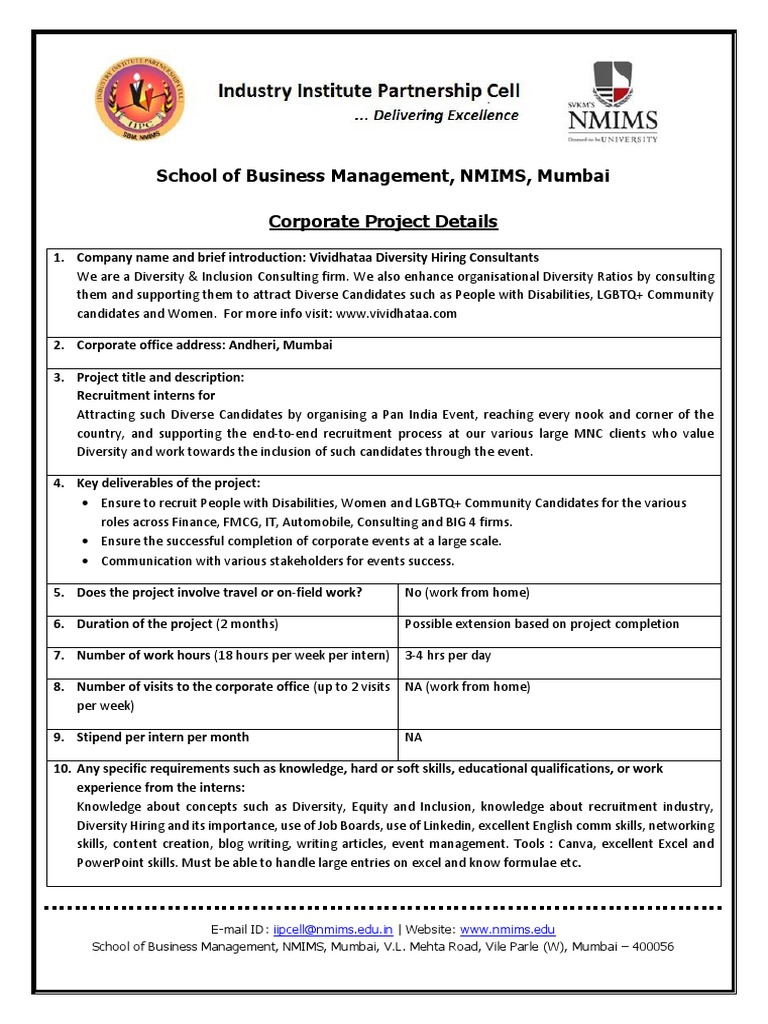 School of Business Management, NMIMS, Mumbai Corporate Project Details ...
