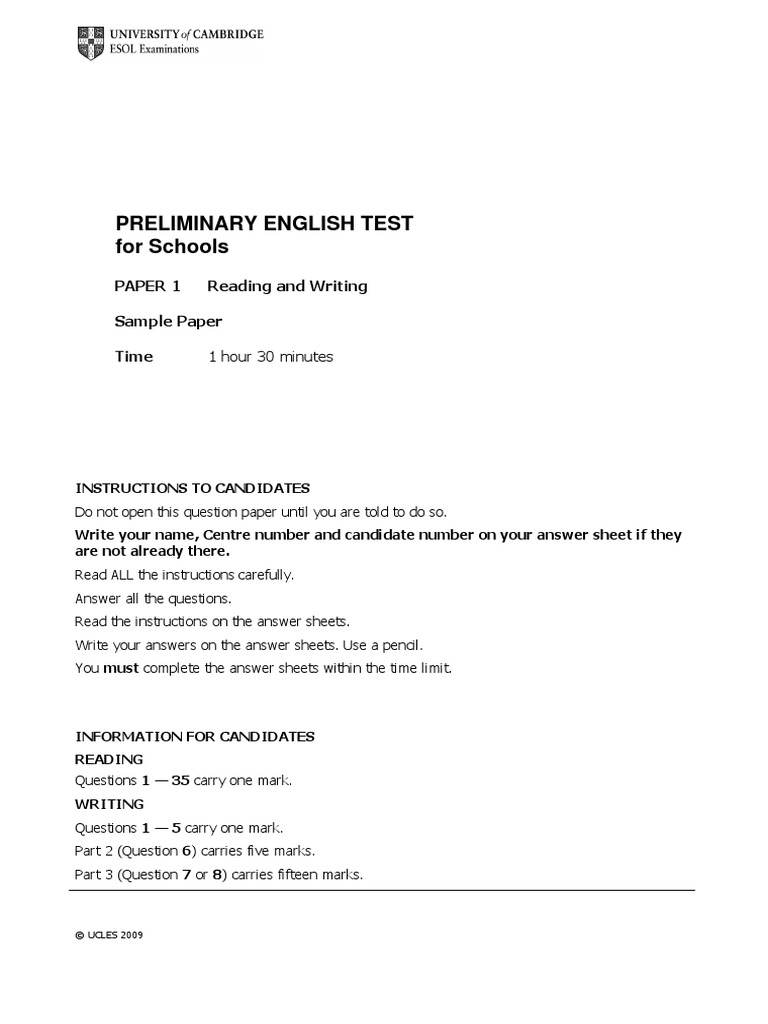 Preliminary English Test For Schools: Paper 1 Reading and Writing ...