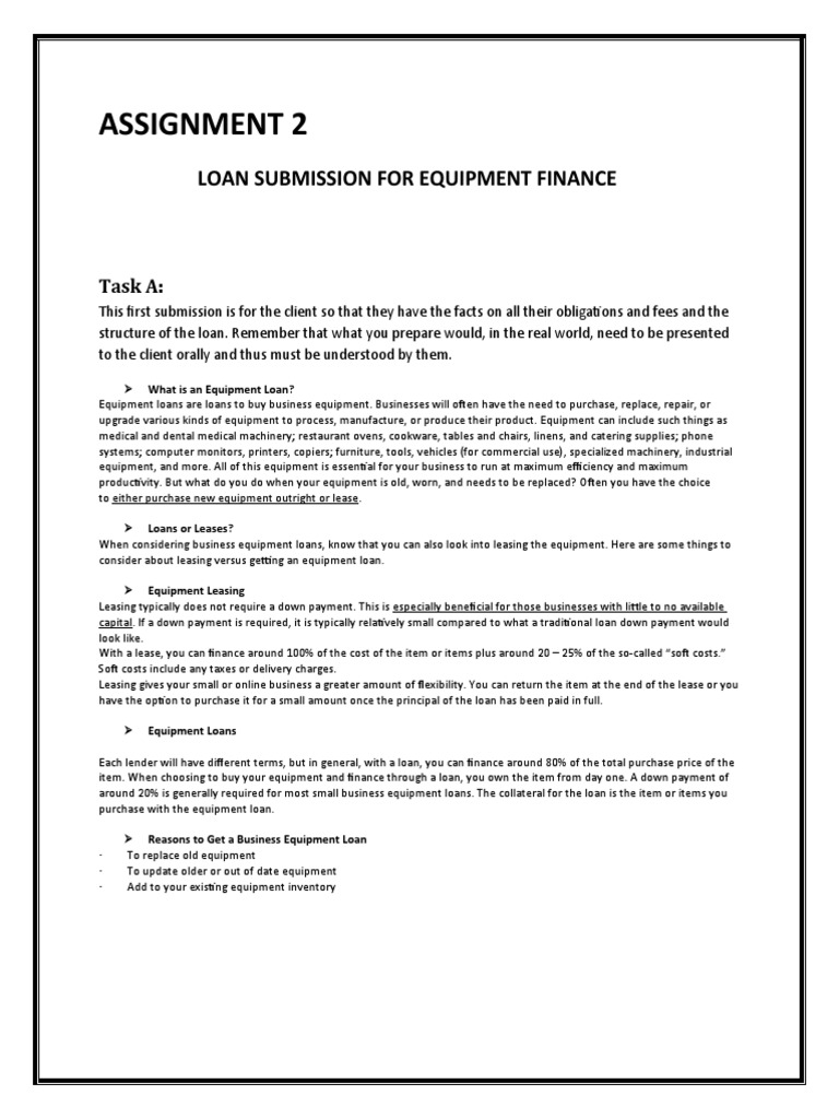 Assignment 2: Loan Submission For Equipment Finance | PDF | Loans | Credit