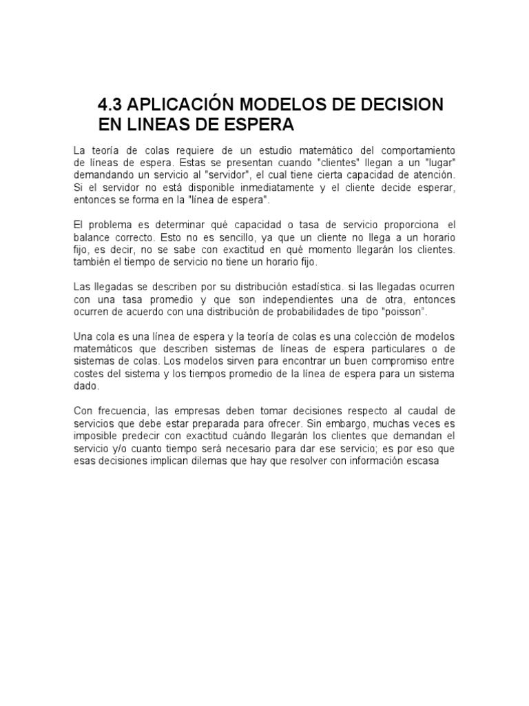 Aplicación de Modelos de Decisión en Líneas de Espera | PDF | Science | Ciencia y Tecnología