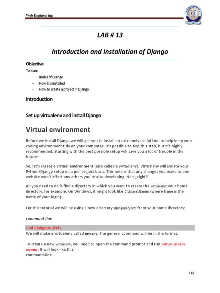 LAB # 13 Introduction and Installation of Django: Virtual Environment ...