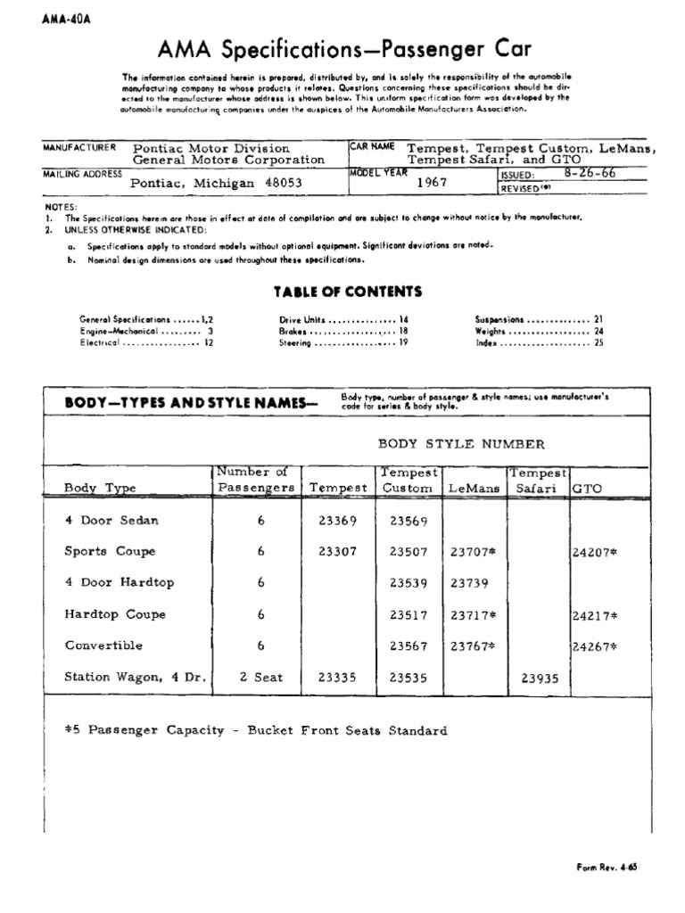 AMA Specs 67 PONTIAC - Tempest-Tempest Custom - LeMans - Tempest Safari - GTO | PDF | Motor ...
