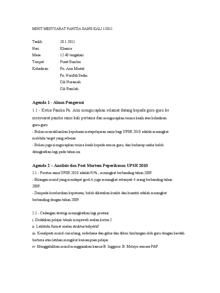 Minit Mesyuarat Panitia Sains Kali 1 | PDF