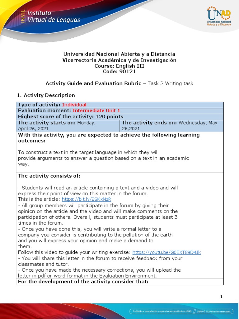 Task Guide and Evaluation Rubric - Unit 1 - Task 2 - Writing Task | PDF