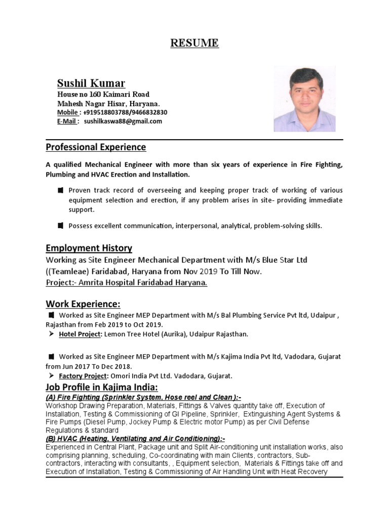 Resume: Professional Experience | PDF | Firefighting | Fire Sprinkler ...