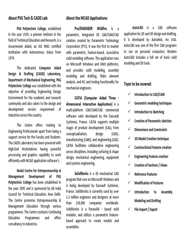 About PSG Tech & CADD Lab: About The MCAD Applications:: Pro/Engineer ...