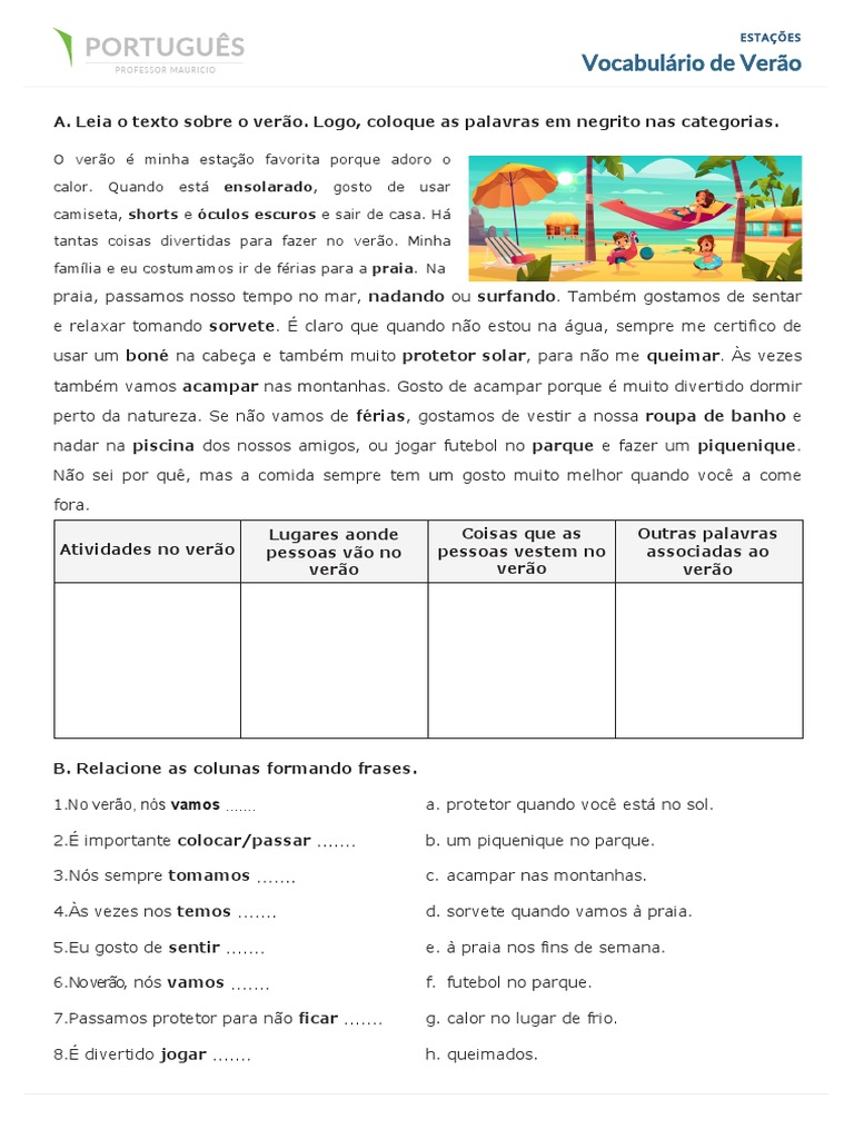 Atividade VOcabulario Verao | PDF | Sol | Roupas
