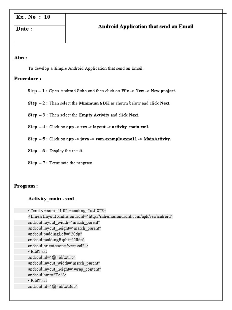 Ex - No: 10 Android Application That Send An Email Date | Download Free PDF | Android (Operating ...