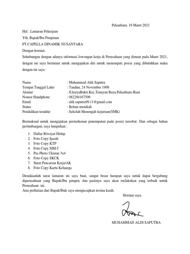 Lamaran Kerja Muhammad Aldi Saputra | PDF