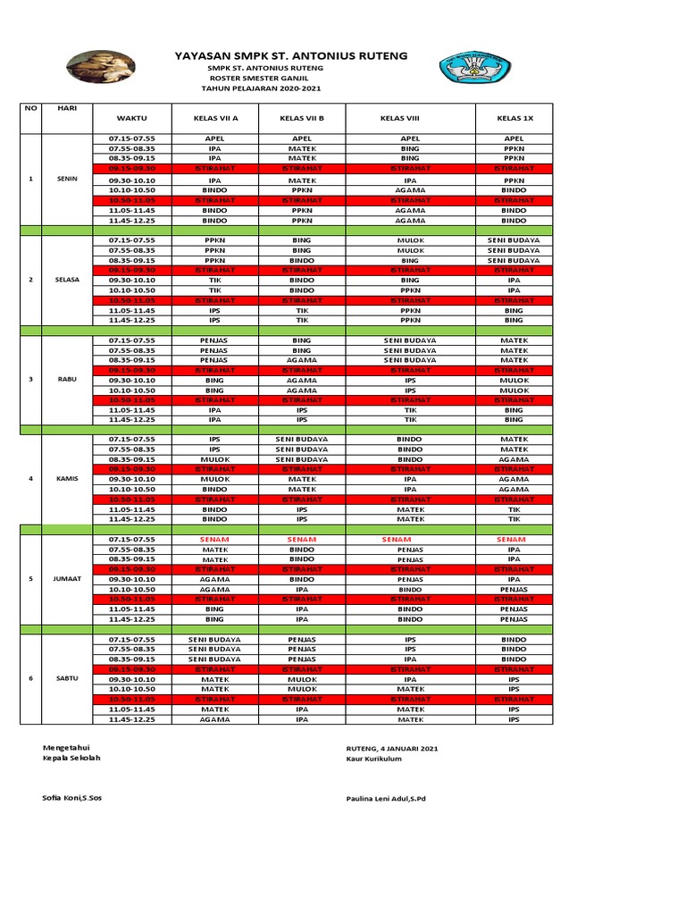 Contoh ROSTER SMP GANJIL 2020,2021 | PDF