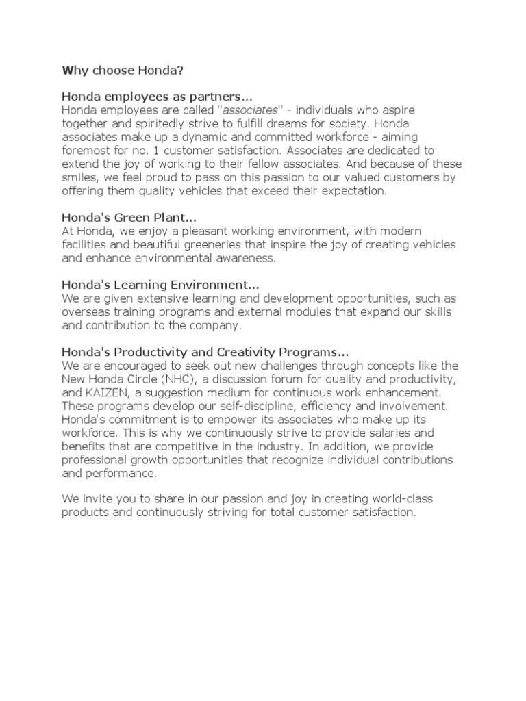 Why Choose Honda? Honda Employees As Partners.. | PDF | Honda ...