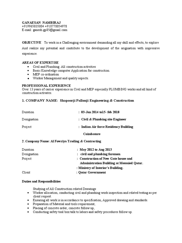 Resume of Ganesan Nambiraj Seeking a Challenging Role Utilizing Over 13 Years of Experience in ...