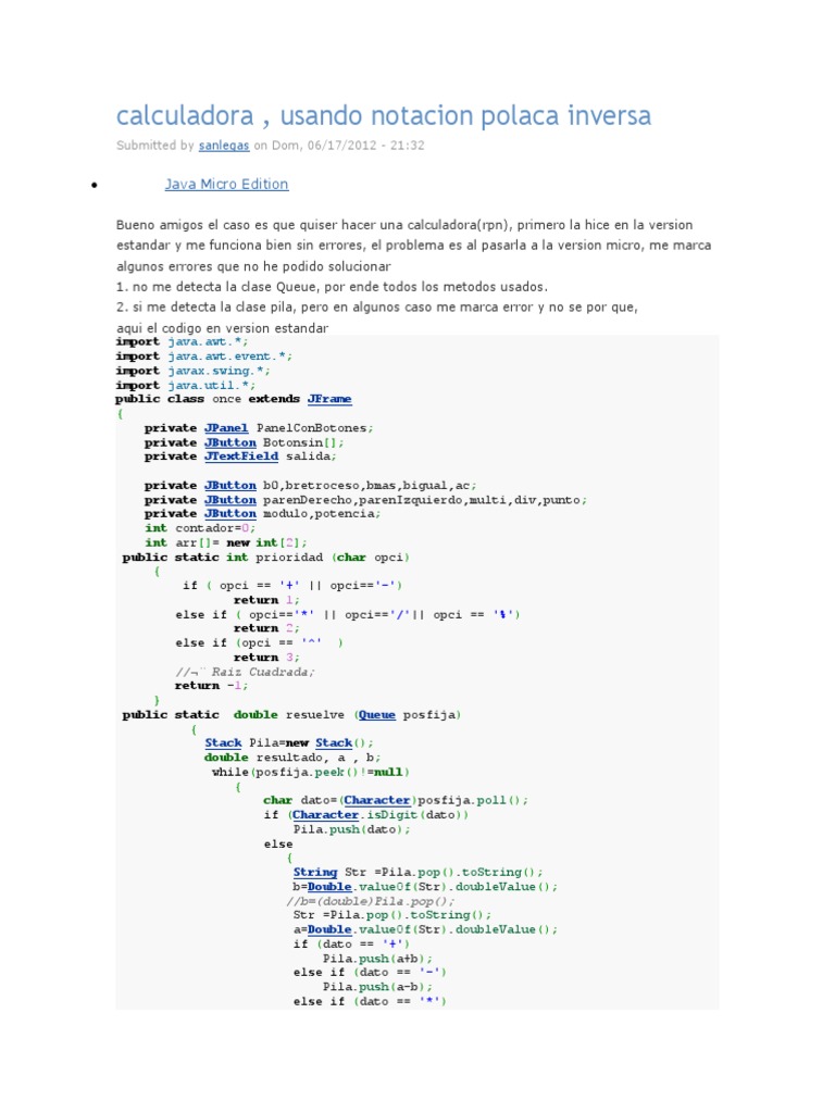 Calculadora Polaca | PDF | Cola (tipo de datos abstractos) | Java (lenguaje de programación)