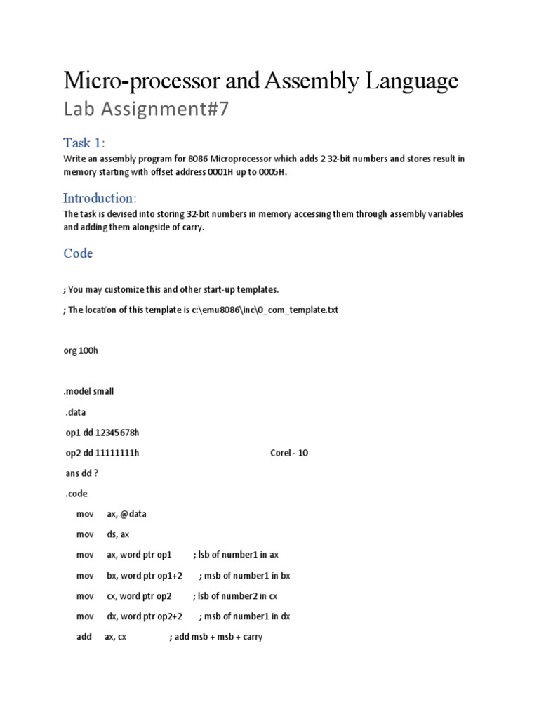 Micro-Processor and Assembly Language: Lab Assignment#7 | PDF ...