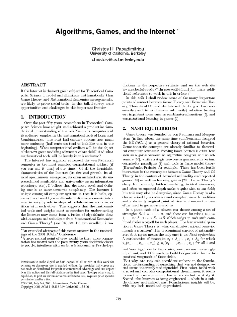 Papadimitriou Christos H Algorithms Games And The Internet Pdf Game Theory Network 